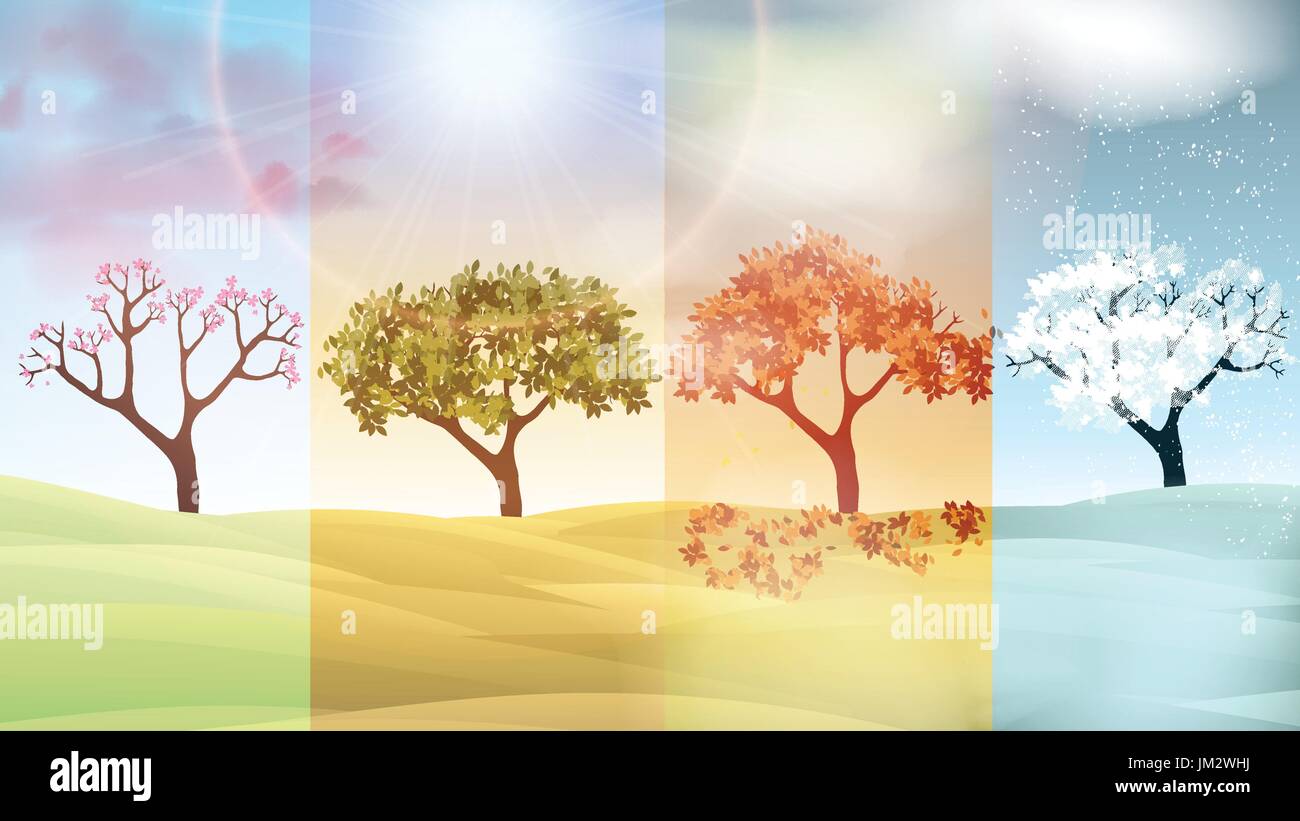 Four Seasons Banners with Abstract Trees and Hills - Vector ...