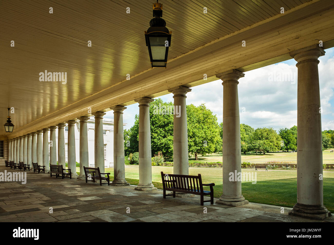 Colonnade of the Queen's house, overlooking Greenwich park, London, Uk ...