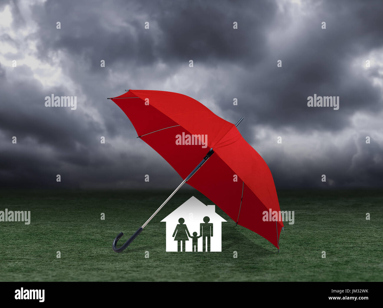 red umbrella covering home and family under rain, insurance concept ...