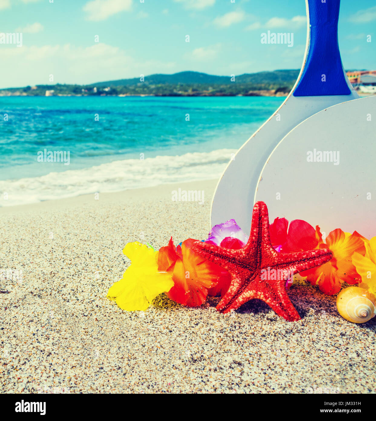 Rackets and sea star on the sand Stock Photo - Alamy