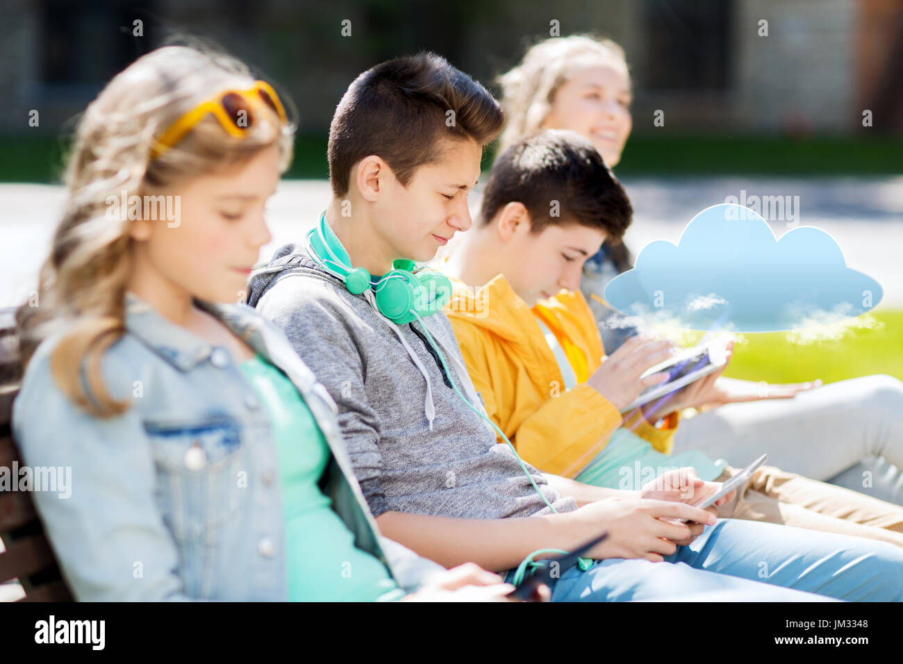 happy teenage boy with tablet pc and headphones Stock Photo - Alamy