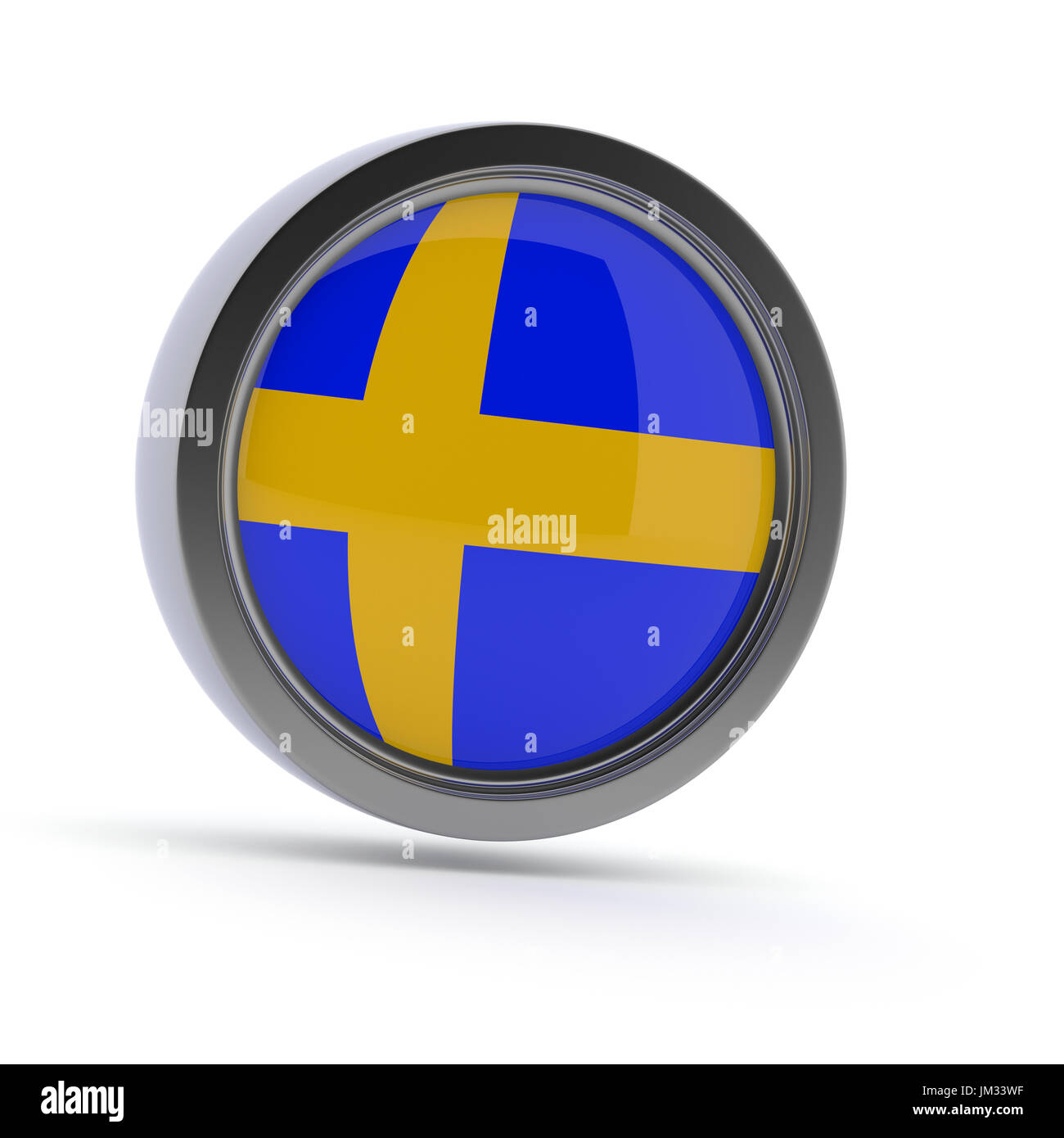 Steel badge with the flag of Sweden on a white background, 3d rendering ...