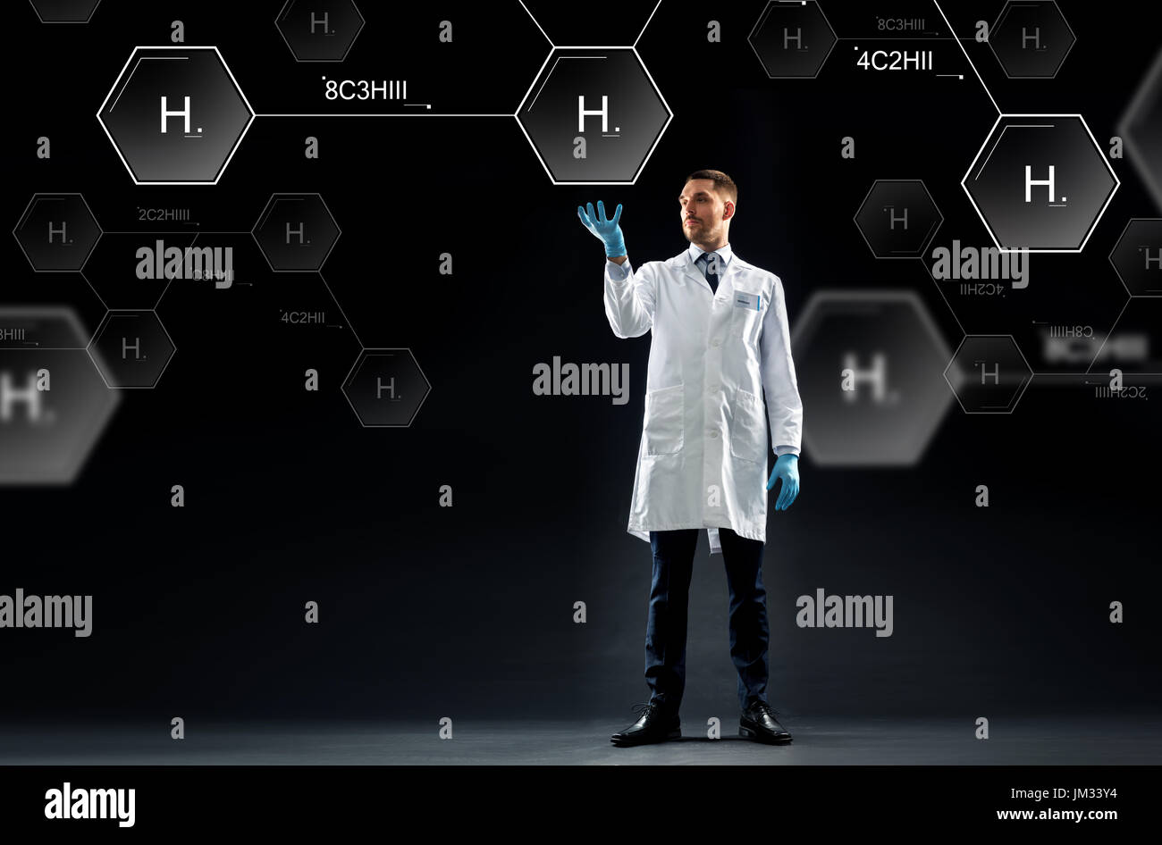 scientist with virtual chemical formula projection Stock Photo - Alamy