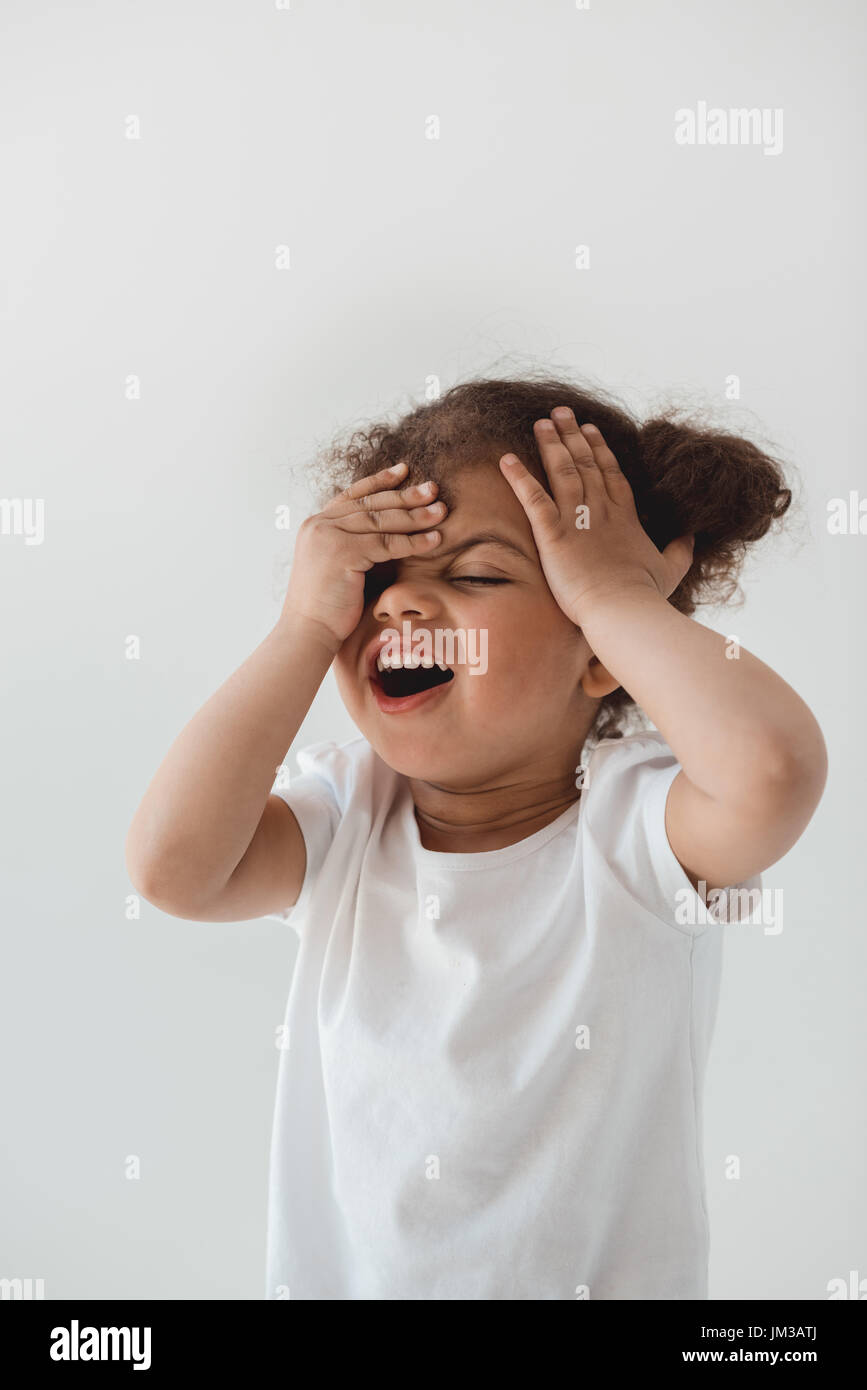 emotional little kid girl with facial expression isolated on white ...