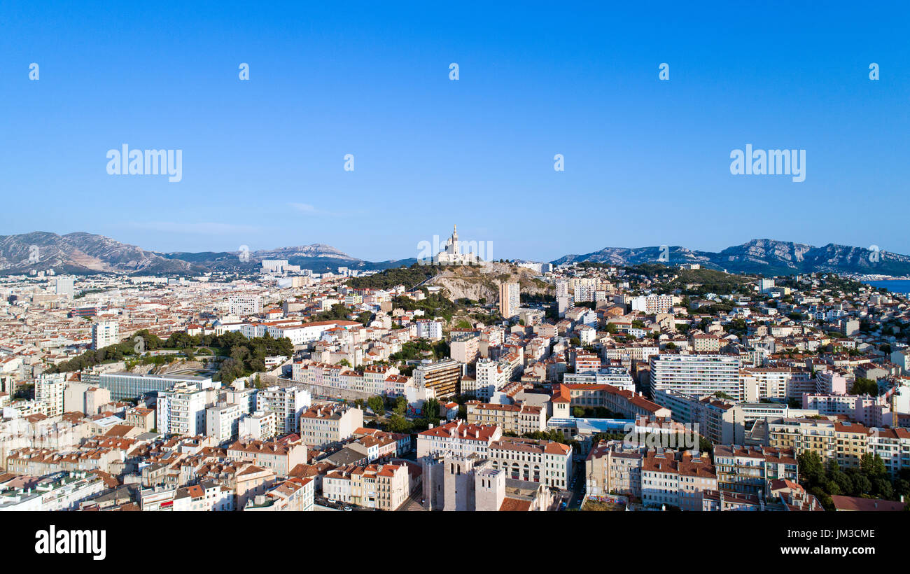 Aerial view on Marseille city and Notre Dame de la Garde basilica ...
