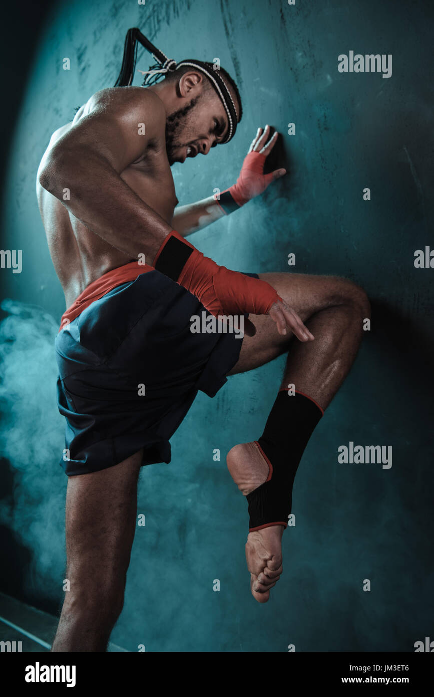 Muay Thai athlete training at Thai boxing indoors, ultimate fight ...
