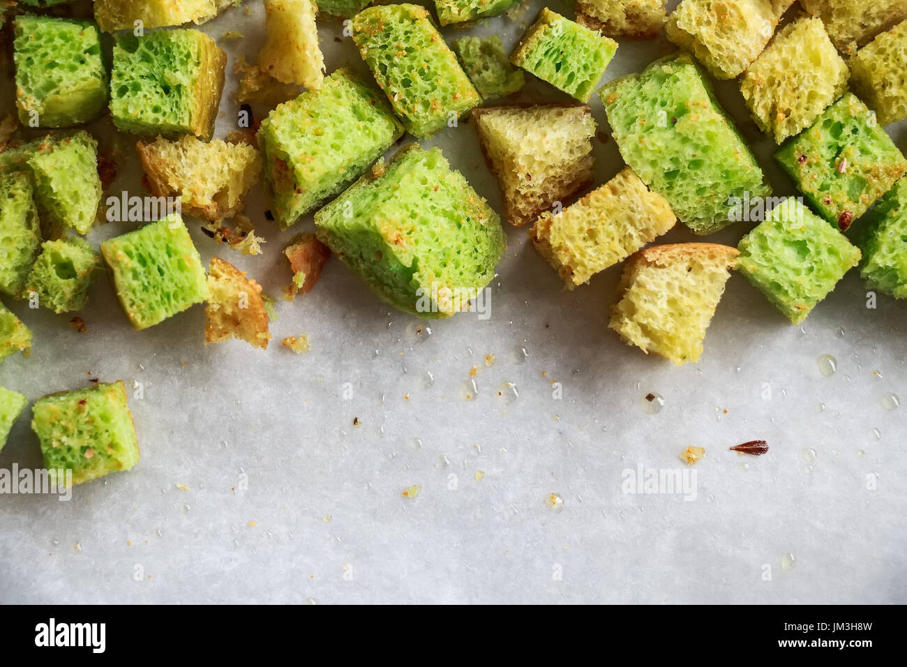Close up green home made croutons for background texture Stock Photo ...