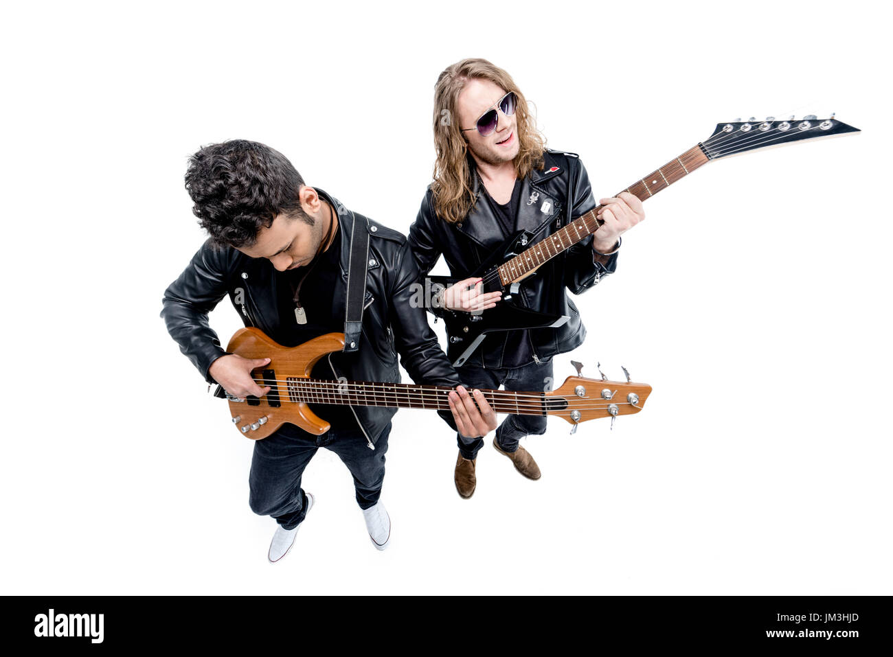 elevated view of musicians with electric guitars isolated on white ...