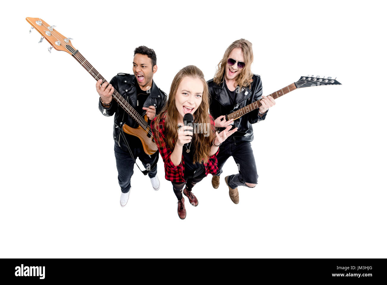 singer with microphone and musicians with electric guitars isolated on ...