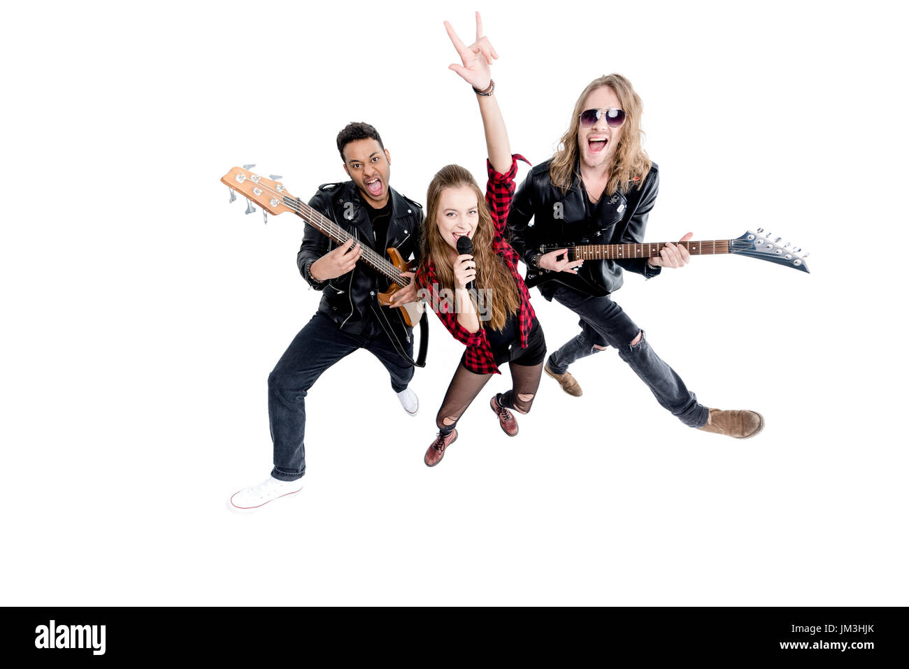 singer with microphone and musicians with electric guitars isolated on ...