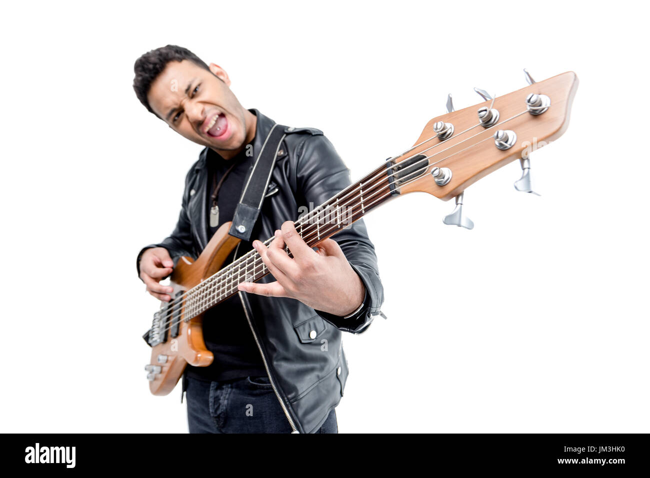 african american rocker posing playing electric guitar isolated on ...