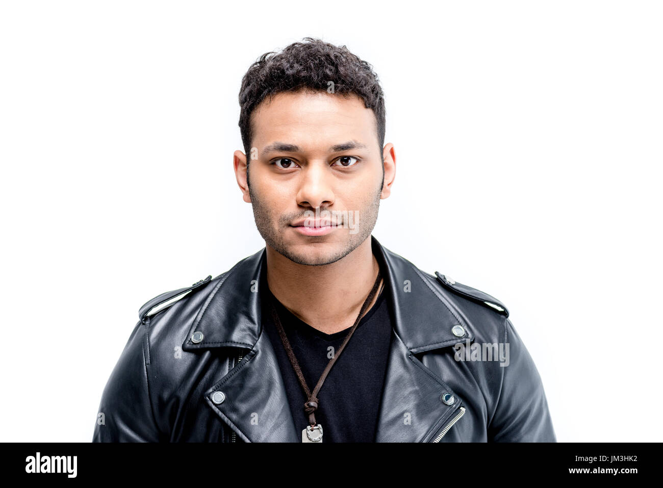 portrait of african american rocker in black leather jacket posing ...