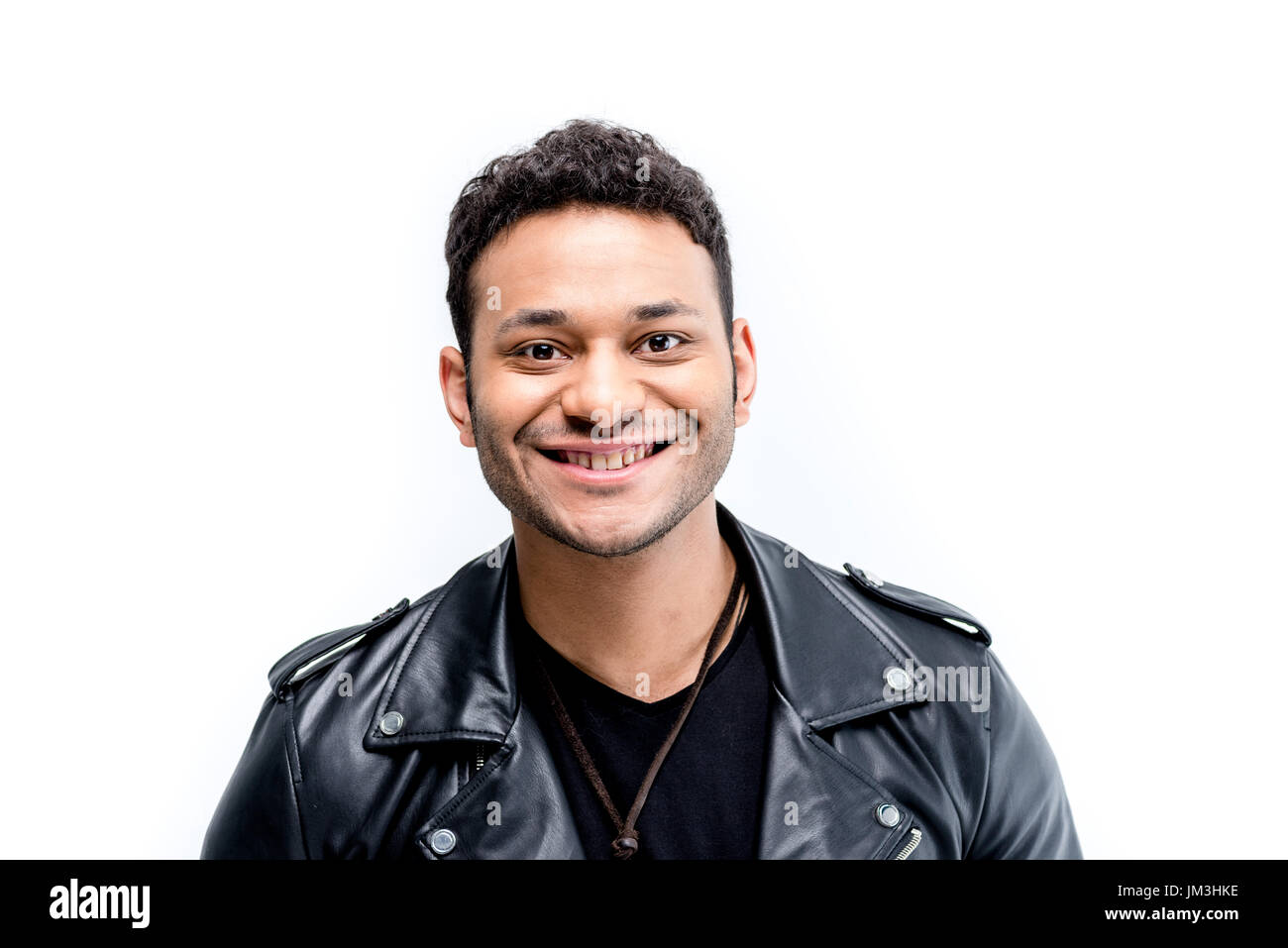 portrait of african american rocker in black leather jacket posing ...