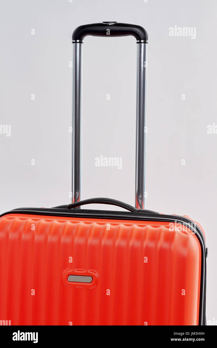 Suitcase with handle close up. Fashionable bag for trip, white ...