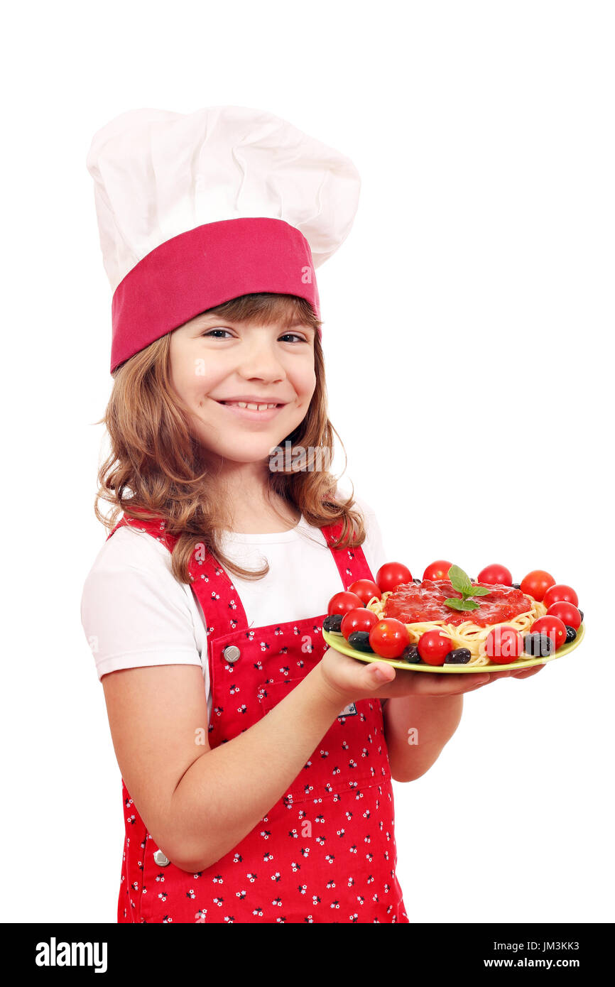 beautiful little girl cook with spaghetti Stock Photo - Alamy