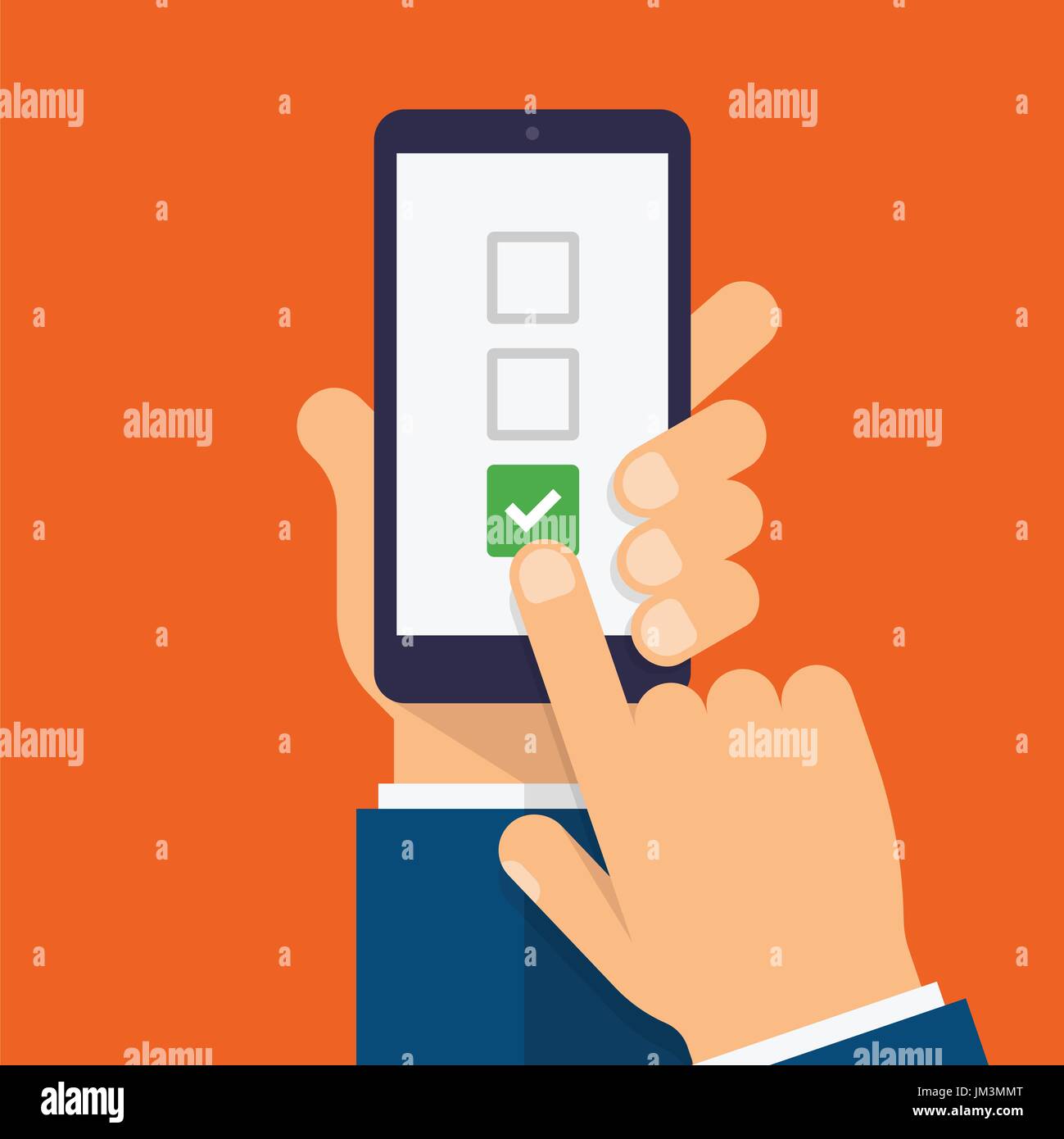Checkboxes and checkmark on smartphone screen. Hand holds the ...
