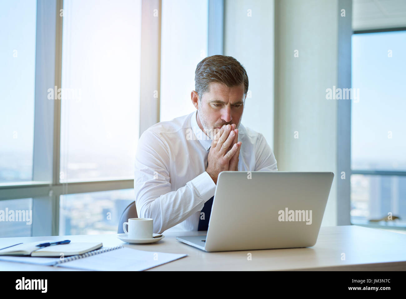 Handsome and mature business executive sitting at his desk in amodern ...