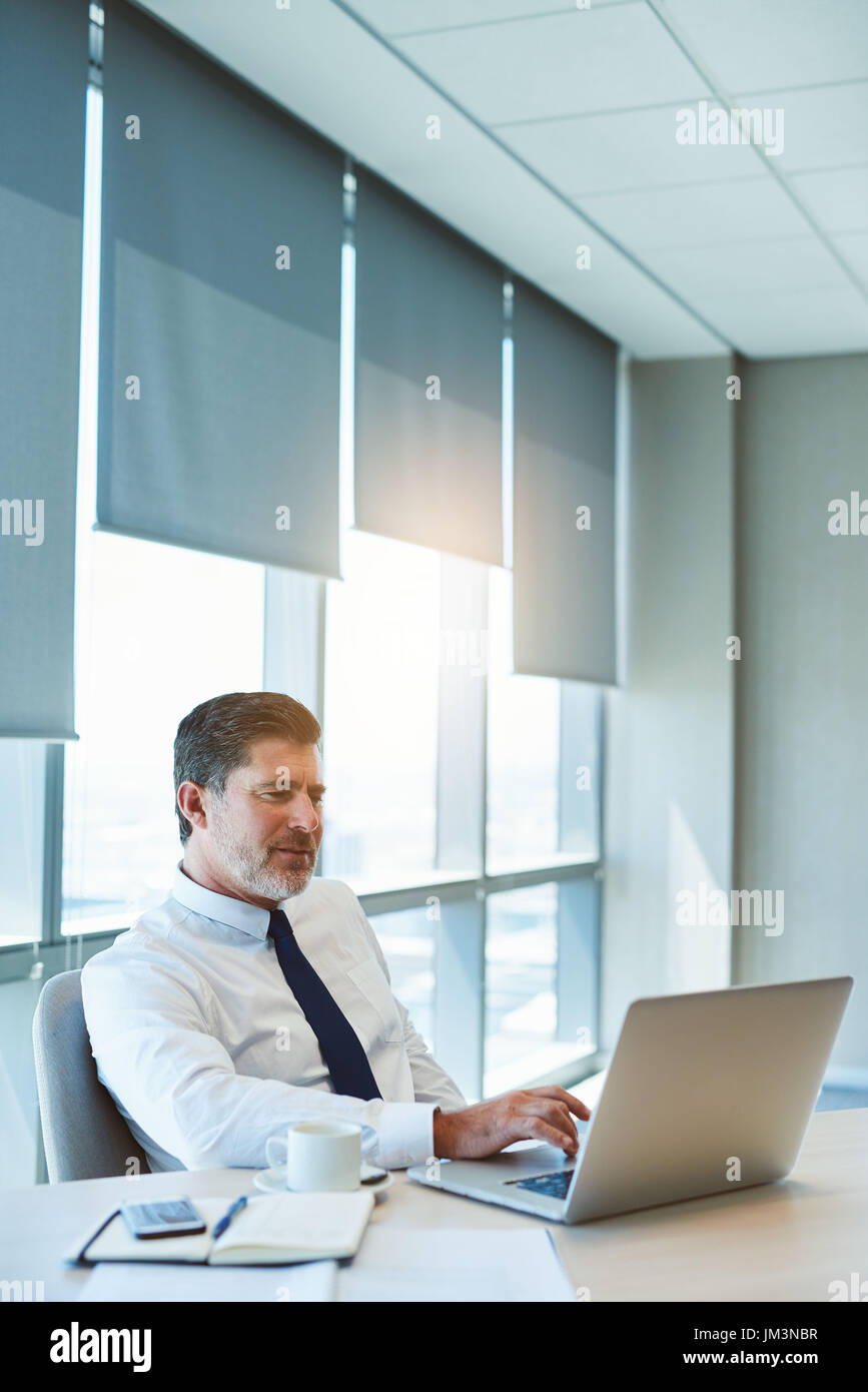 Mature business CEO siting at his desk in his modern office looking ...