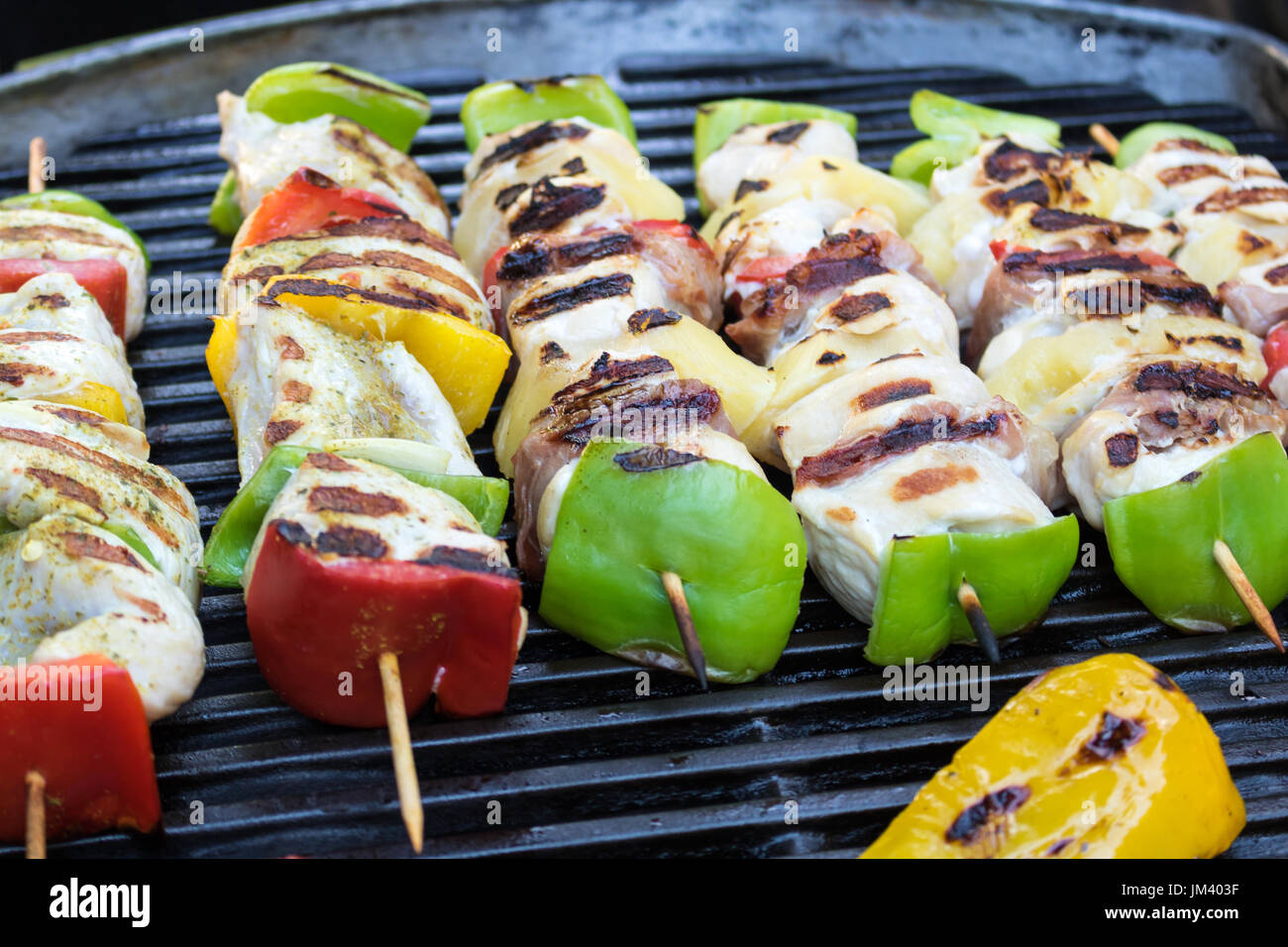 Barbecue grill with various kinds of meat, close-up. BBQ in Summer ...