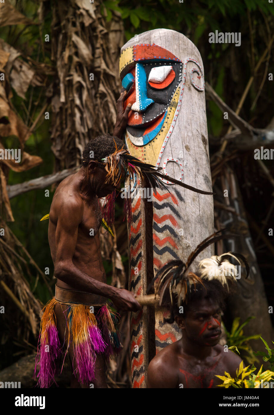 Small Nambas tribesman beating on a slit gong drum during the palm tree ...