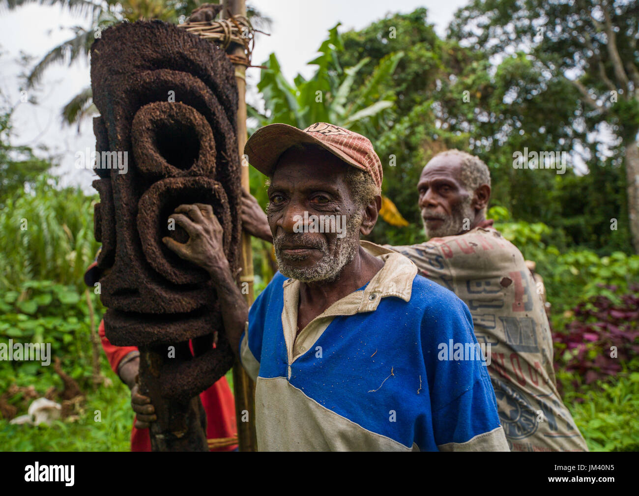 Ni-Vanuatu statue carvers working in the forest on a fern tree, Malampa ...