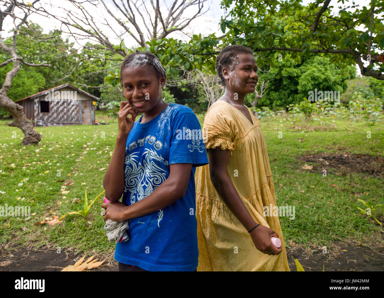 Young women covered in flour during a traditional wedding, Malampa ...