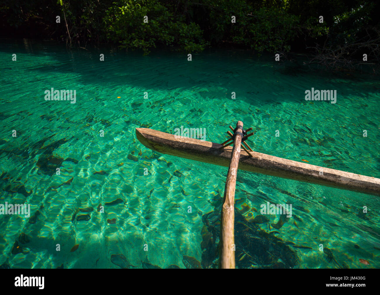 Dugout boat on a green water river, Sanma Province, Espiritu Santo ...