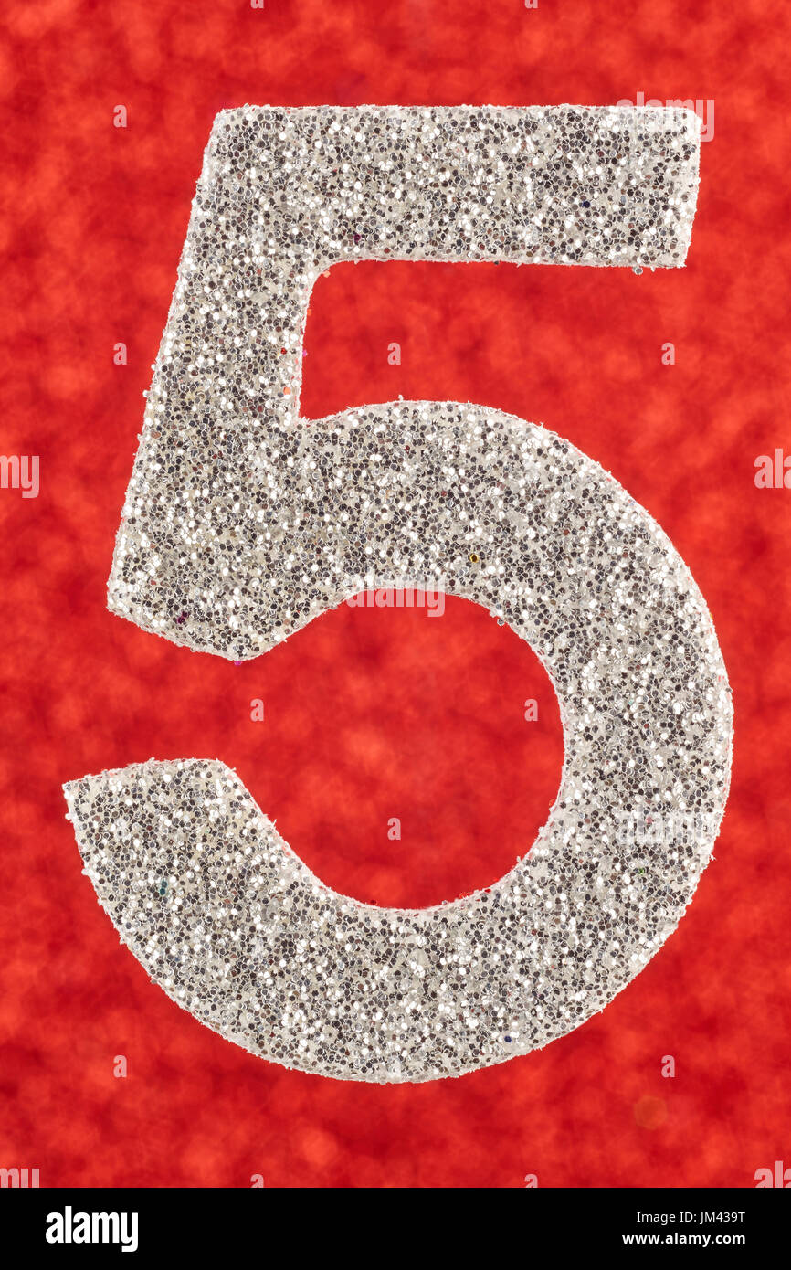 Number five silver color over a red background. Anniversary. Vertical ...