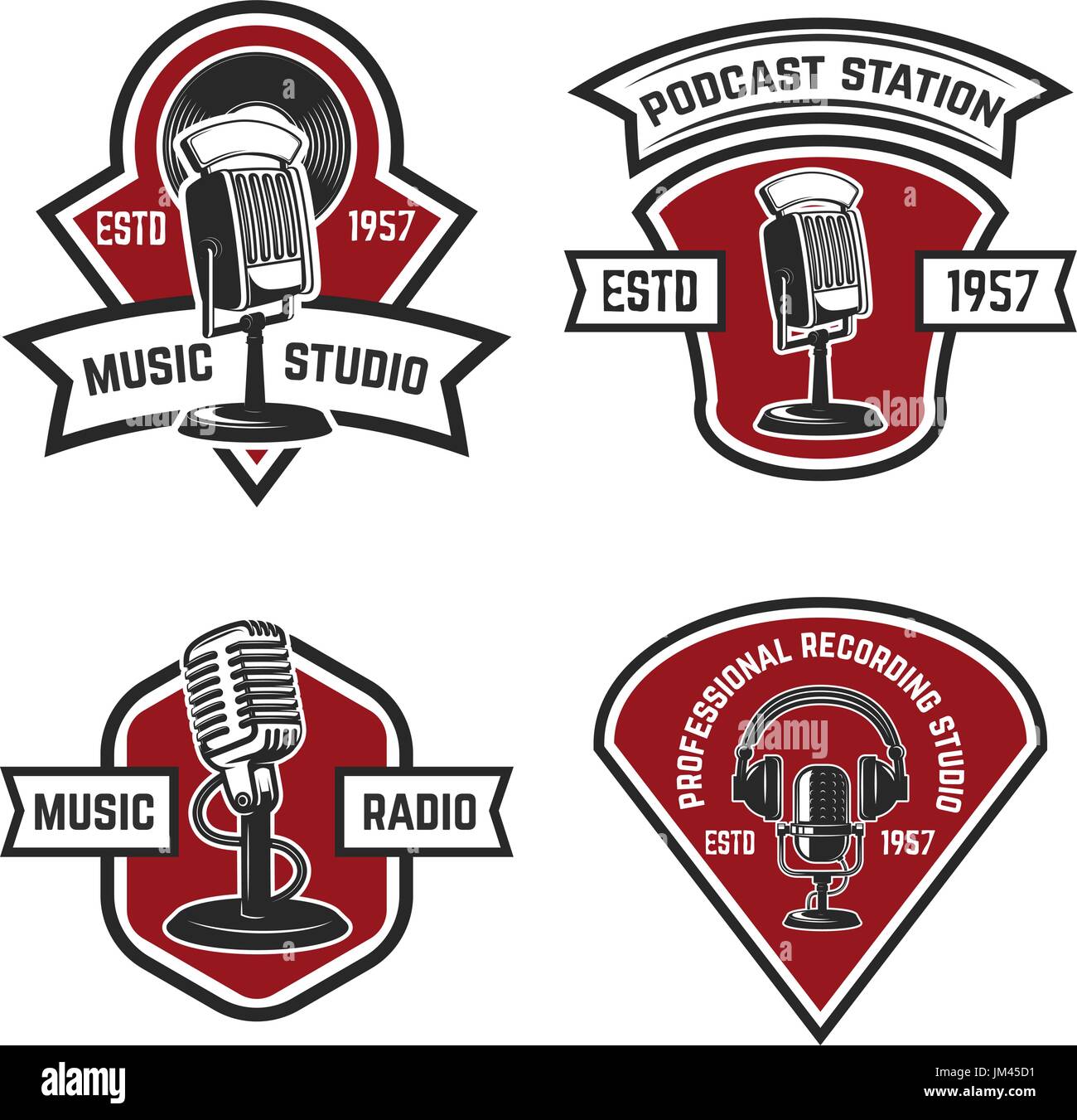 Set of emblems with old style microphone isolated on white background ...