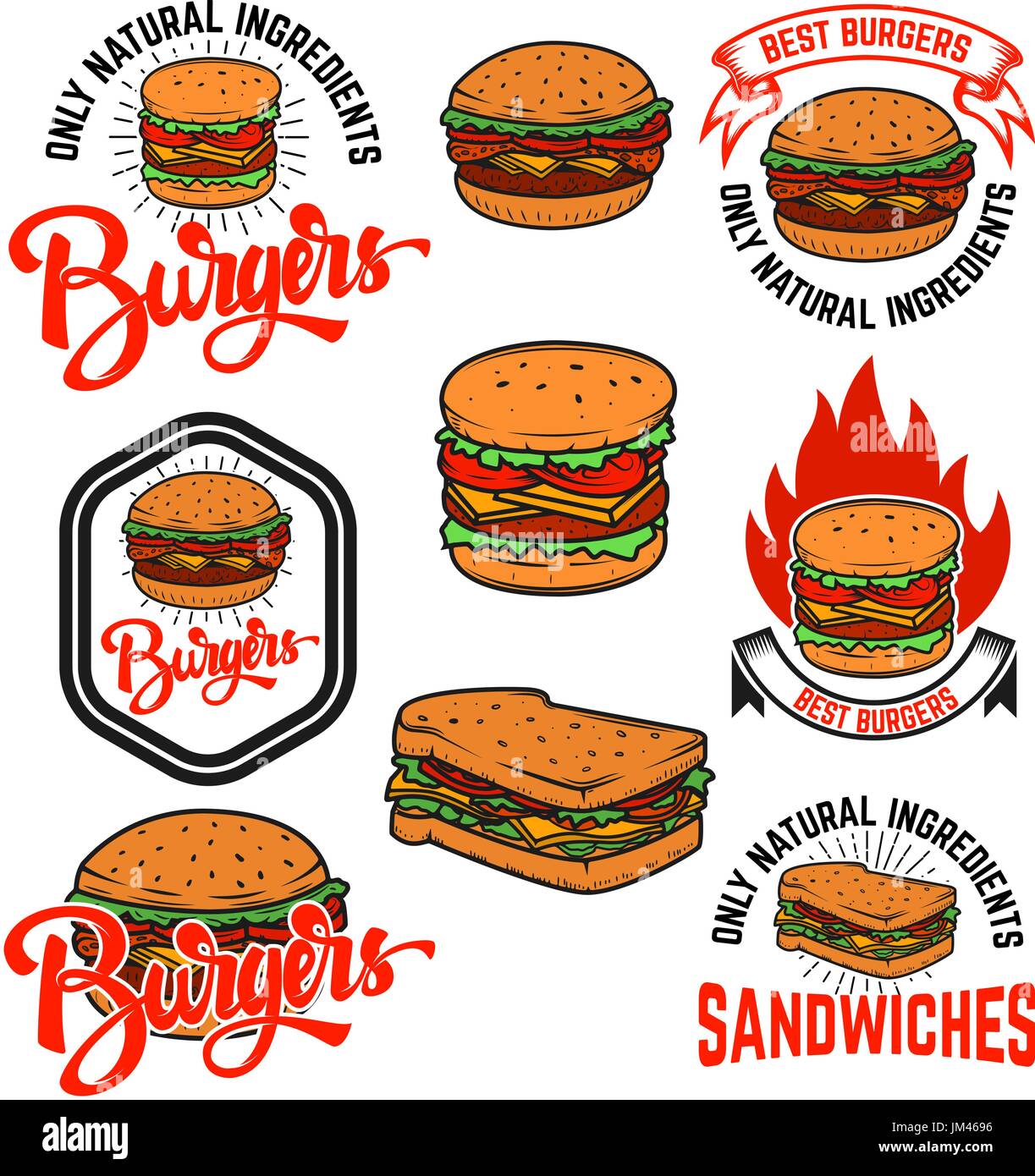 Set of burgers and sandwiches emblems isolated on white background ...