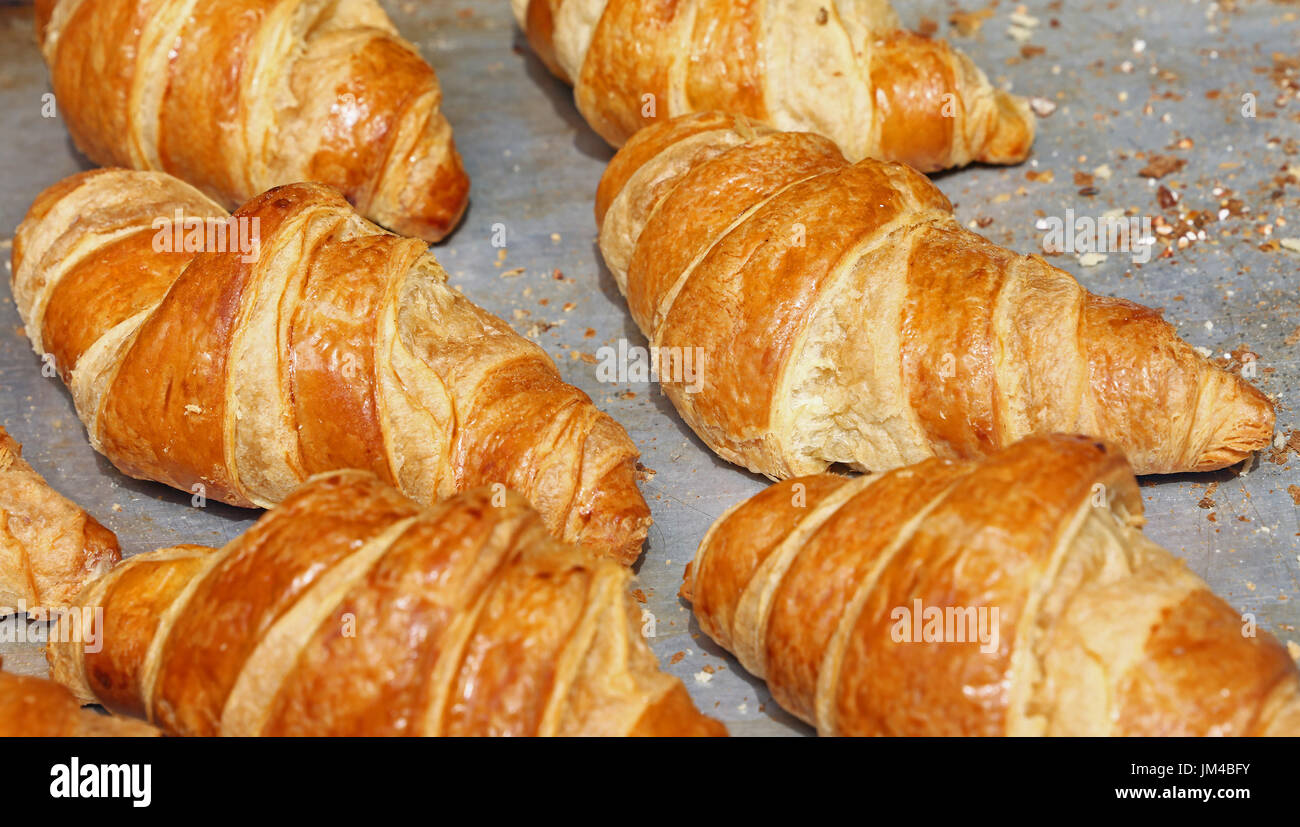 Freshly baked golden brown French croissants in retail bakery store ...