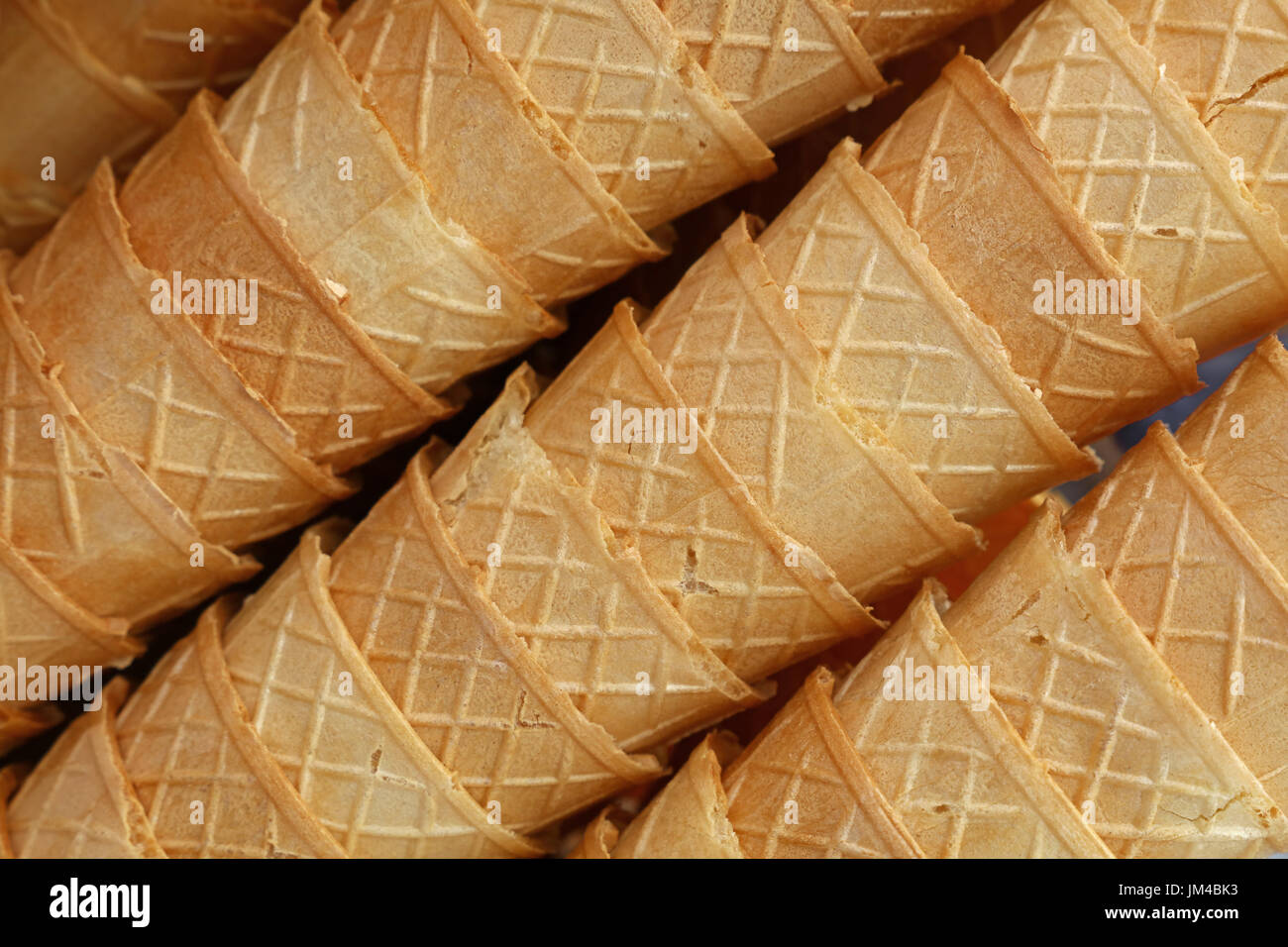 Background of empty fresh wafer ice cream cone cornet cups in row ...