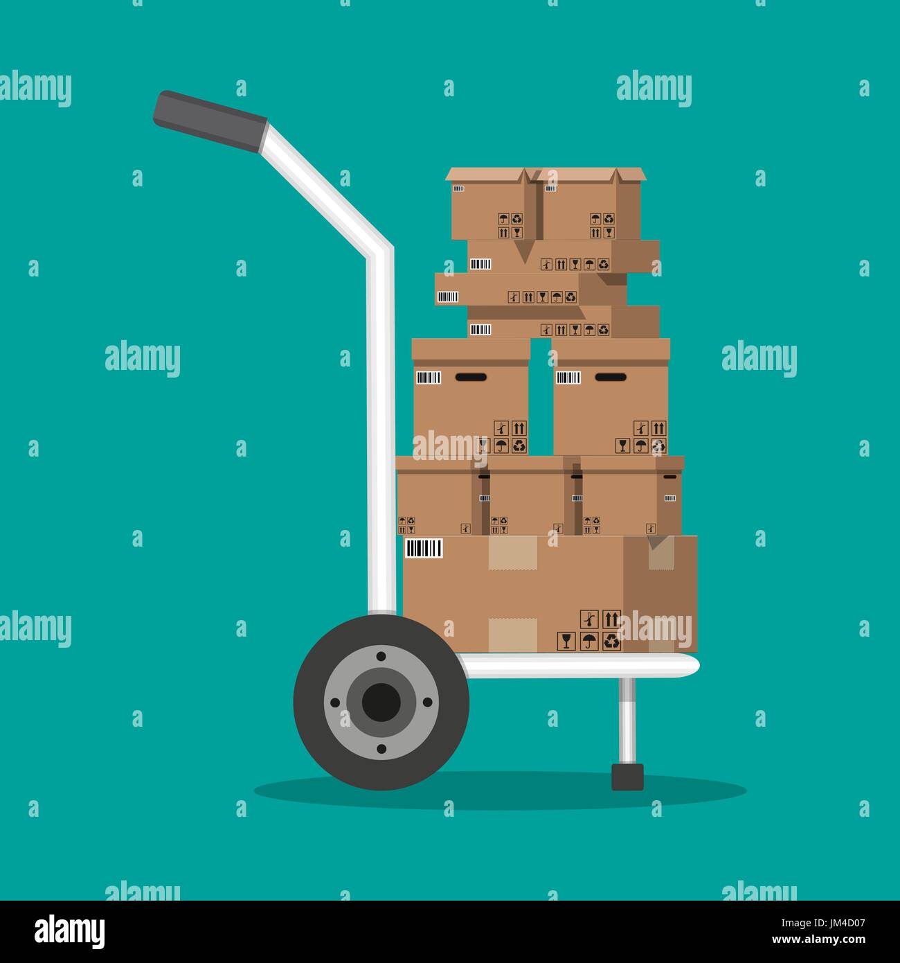 Pile cardboard boxes on a hand truck. Carton delivery packaging open ...