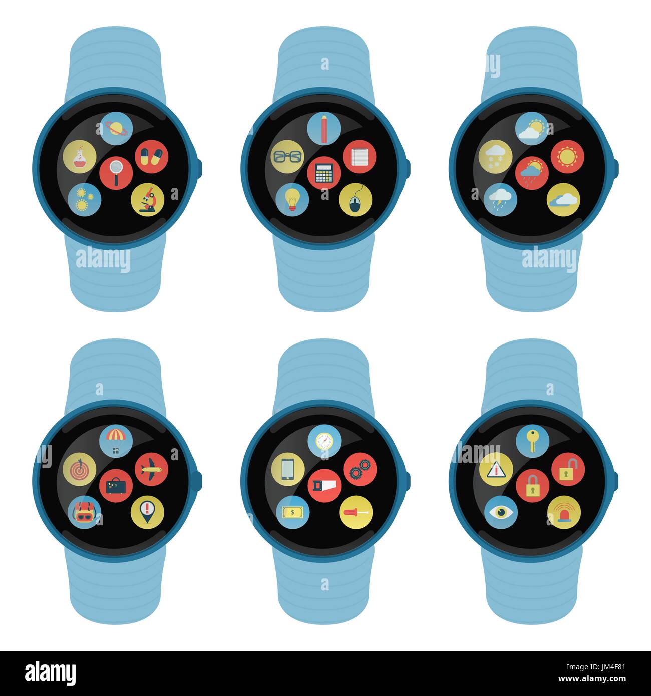 Six round smartwatches with icons about education, climate, technology ...