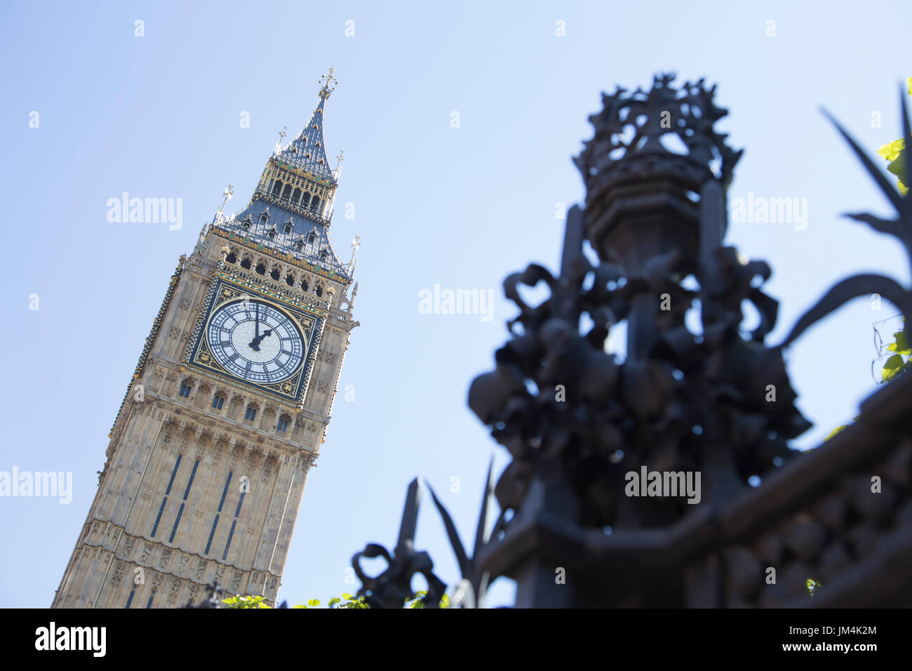 LONDON, UK - AUG 12, 2016. Big ben in background with security gate in ...