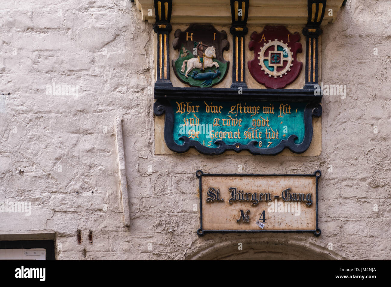 Entrance sign to backyard St. Juergen-Gang, Hanseatic town of Lubeck ...