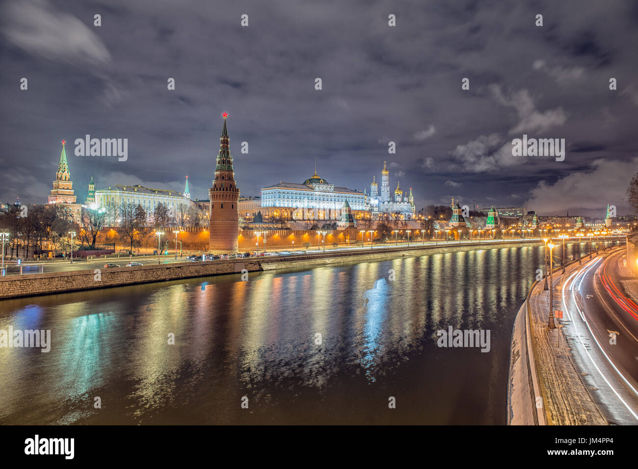 Russia, Moscow, night view of the Moskva River, Bridge and the Kremlin ...