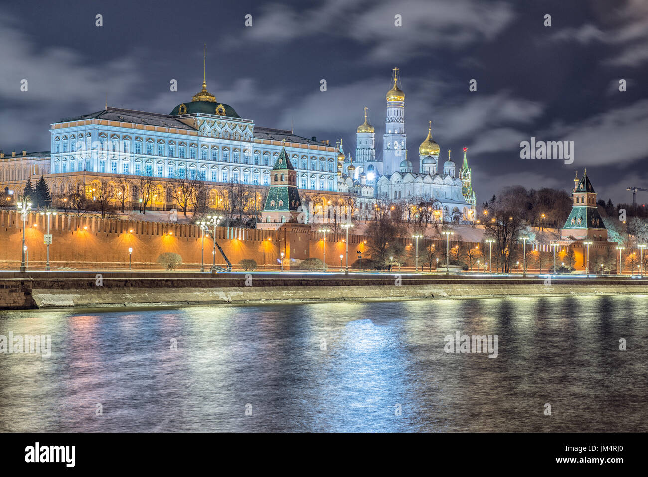 Russia, Moscow, night view of the Moskva River, Bridge and the Kremlin ...