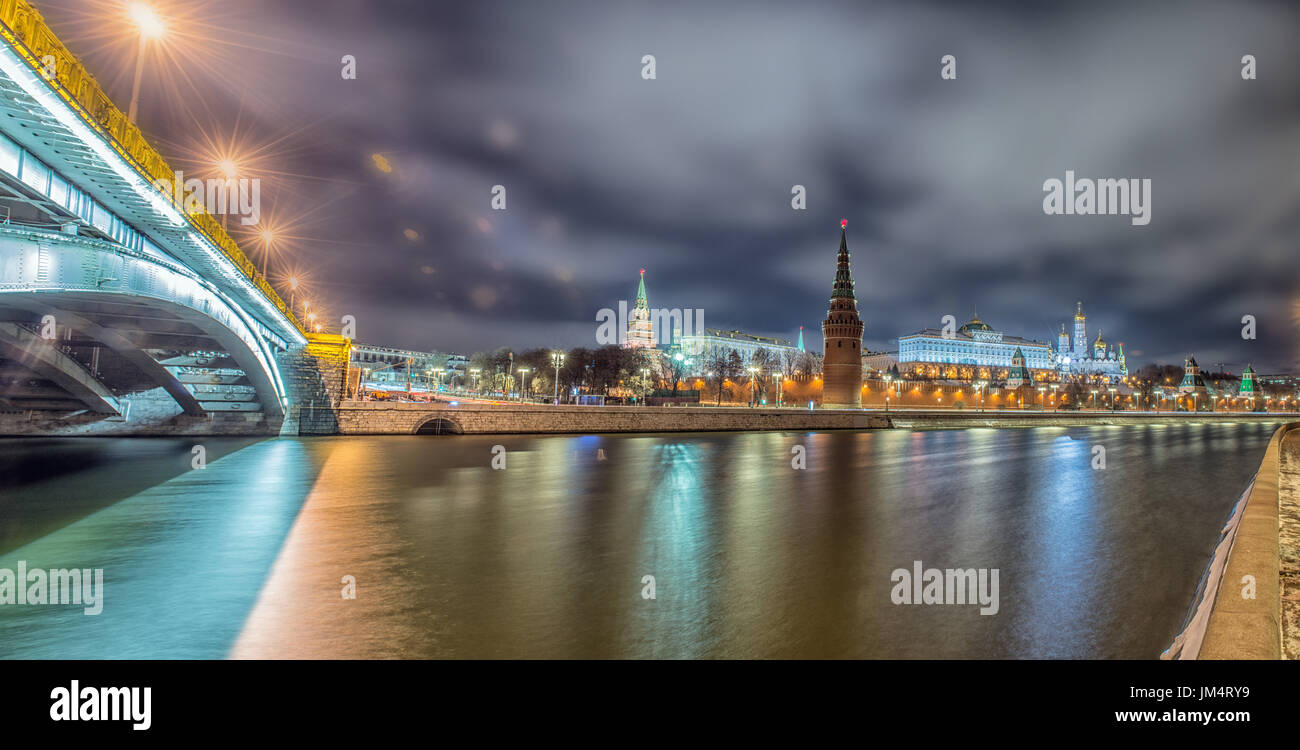 Russia, Moscow, night view of the Moskva River, Bridge and the Kremlin ...