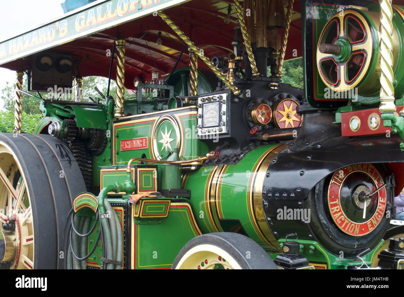 Side view of green steam powered traction engine at Masham Steam Fair ...