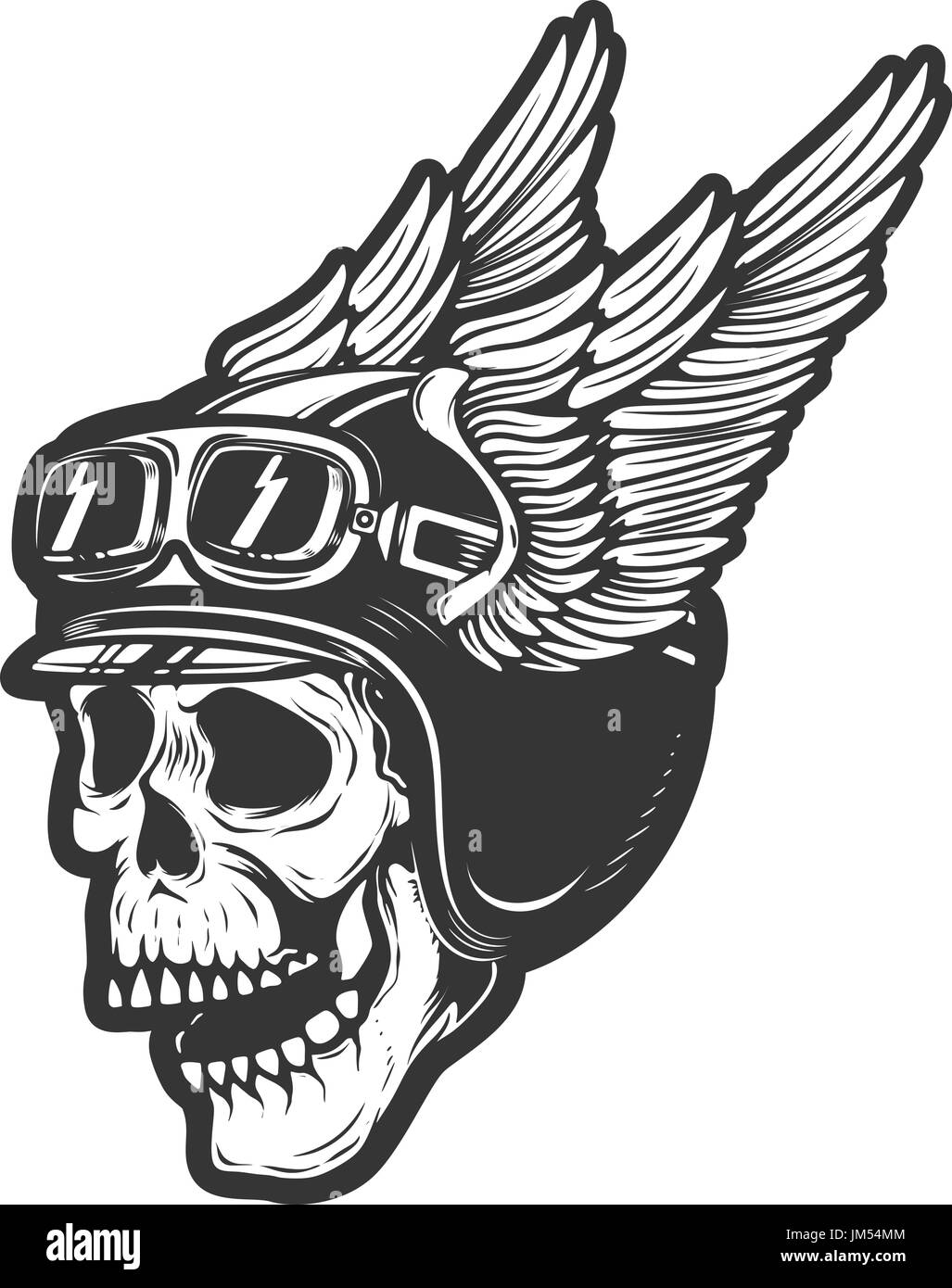 racer skull in winged helmet isolated on white background. Design ...
