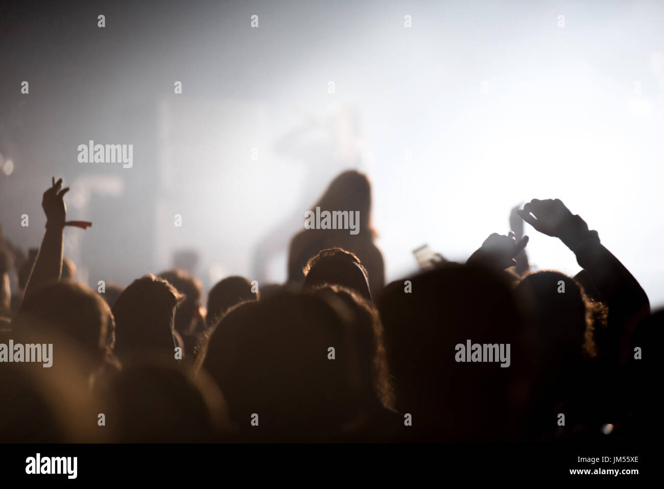 Rear view of crowd with arms outstretched at concert. Bright stage ...