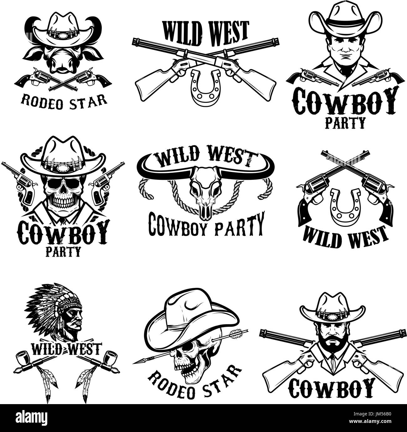 Set of wild west emblems.Cowboy, weapon, native americans. Design ...