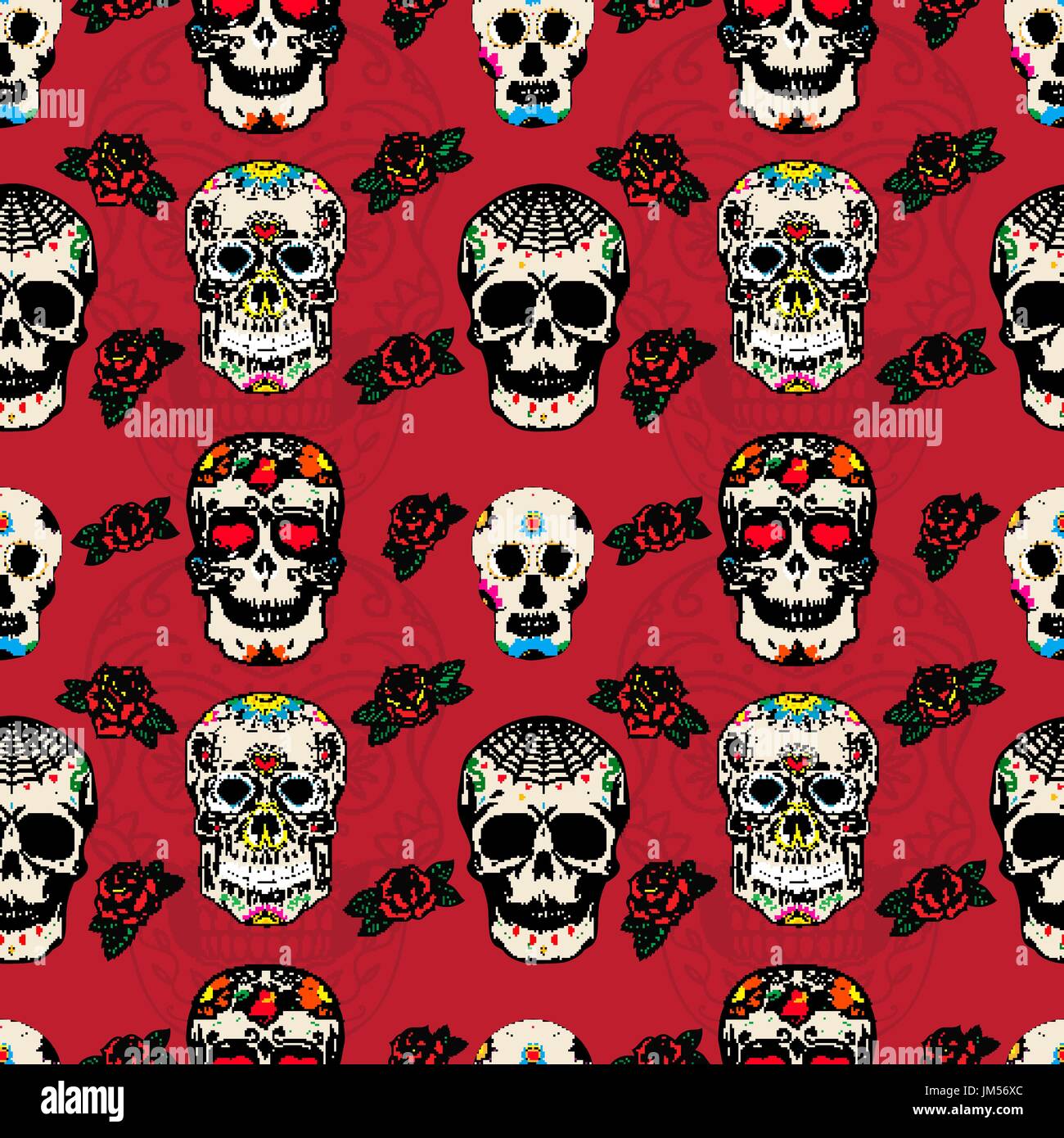 Seamless pattern with sugar skulls isolated on white background. Vector ...