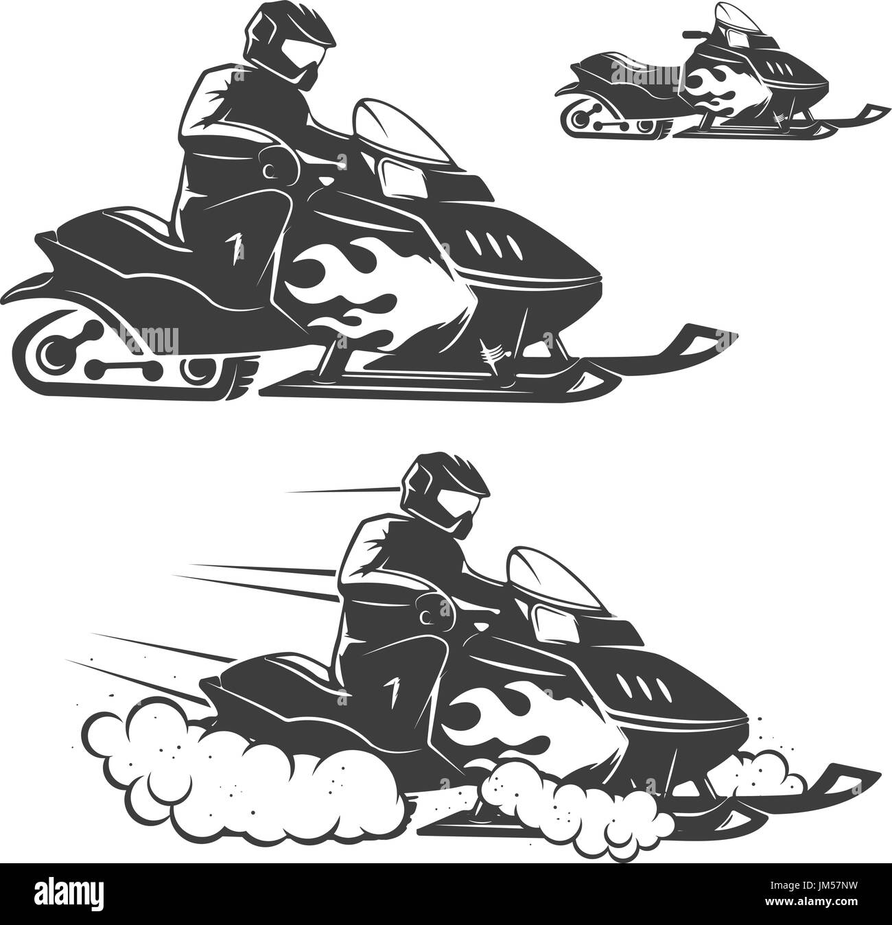Set of snowmobile illustrations with driver isolated on white ...
