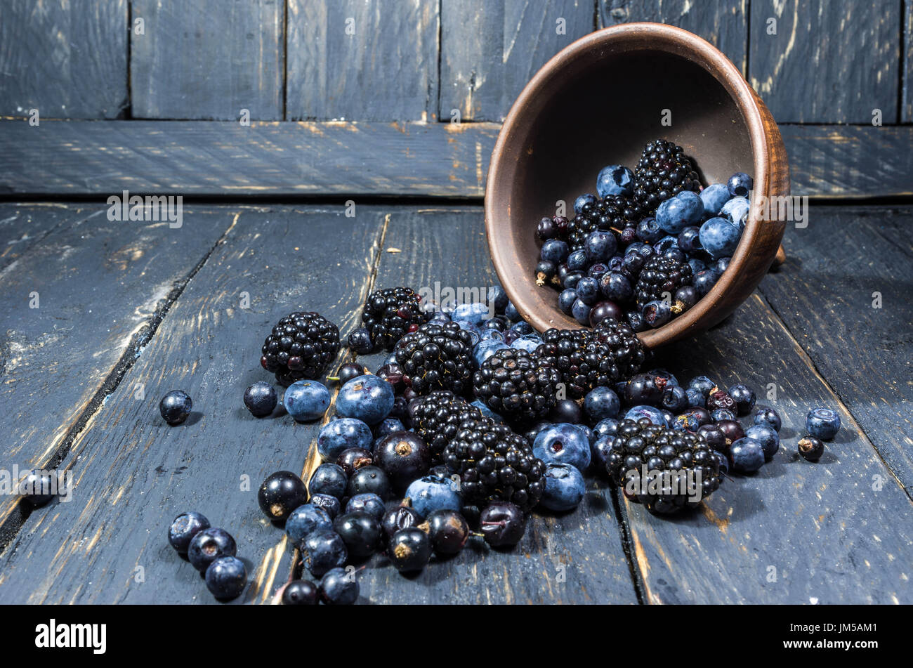 Composition from forest berries. Berries are scattered from the plate ...