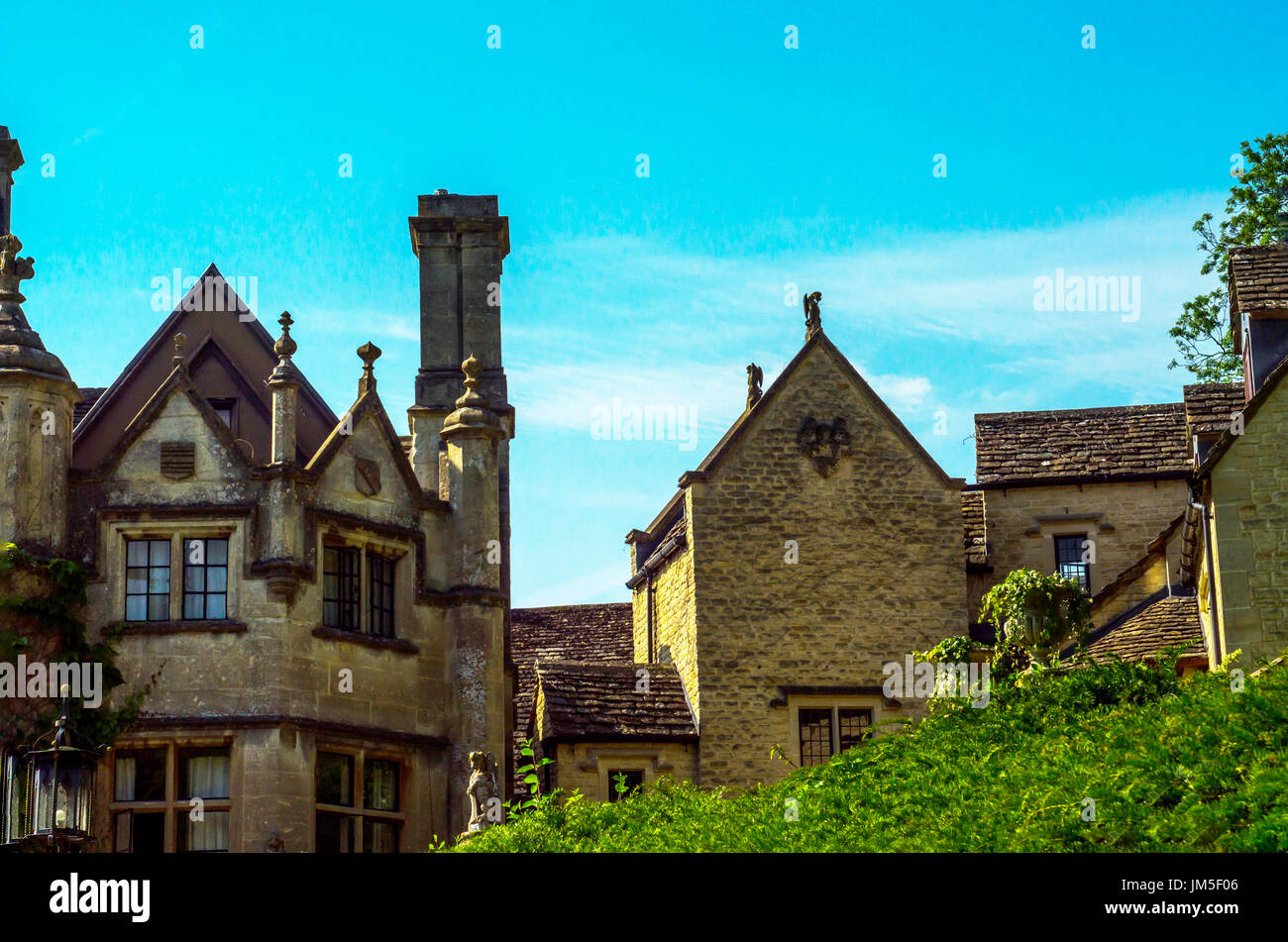 Old building stylized for historical castle, characteristic turrets ...