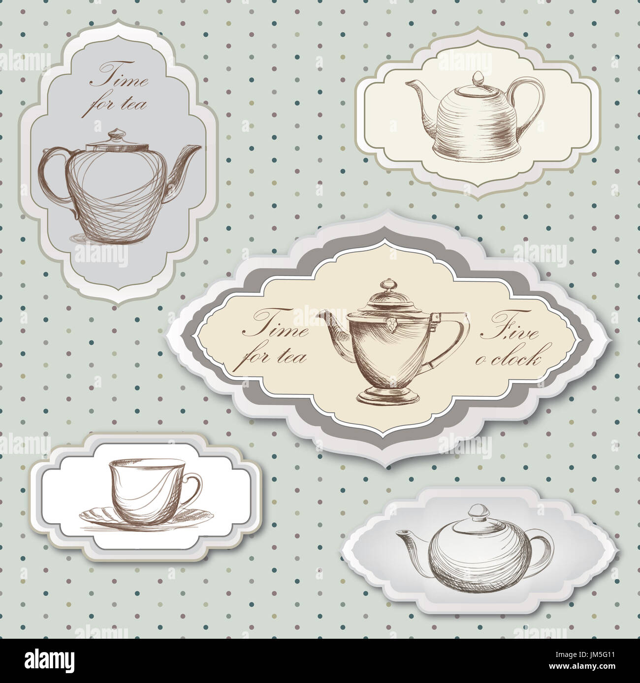 Tea cup and kettle retro card. Tea time vintage label. Tea cup and pot ...