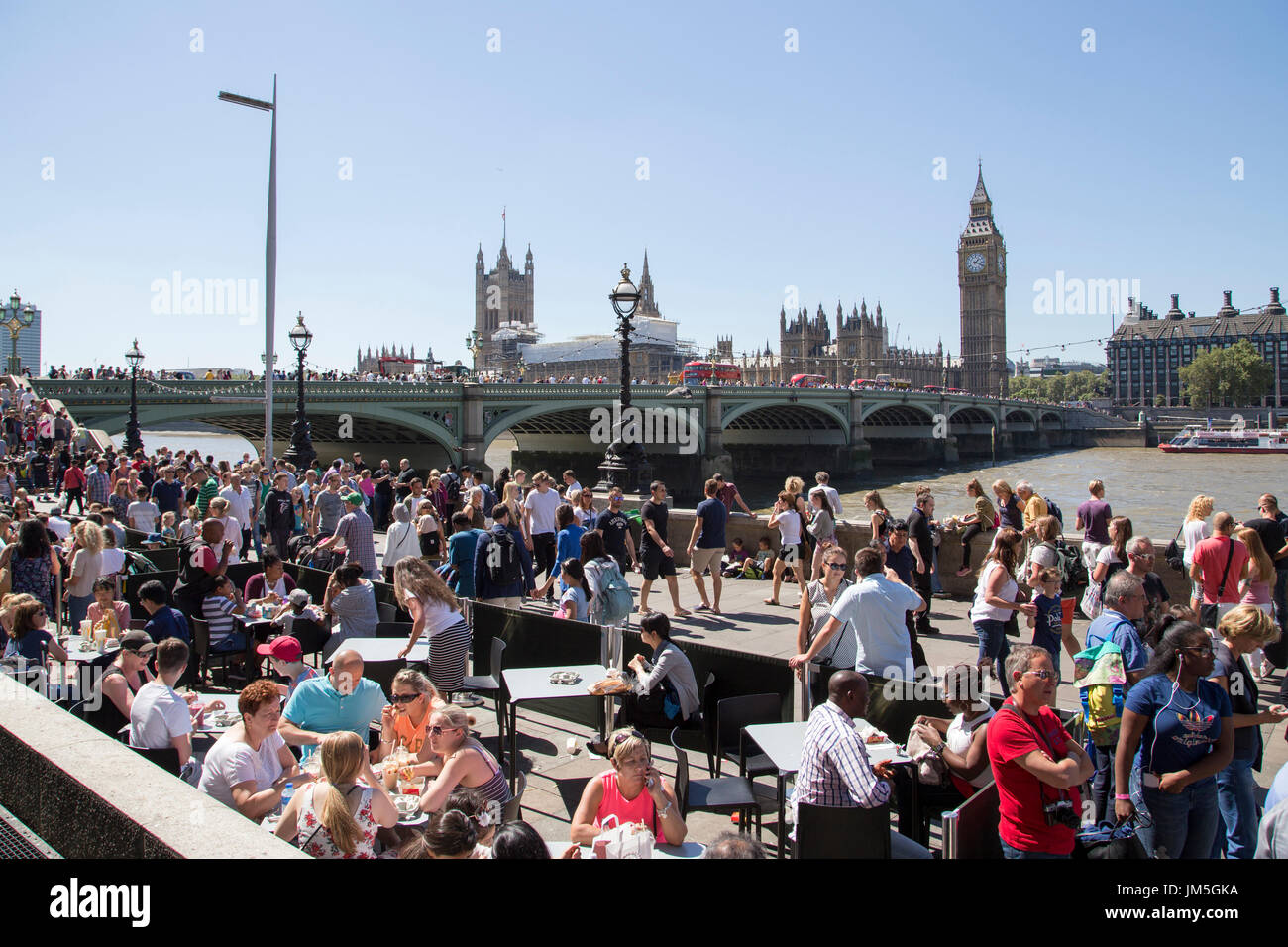 Very busy London South bank with big ben and westminster bridge in ...
