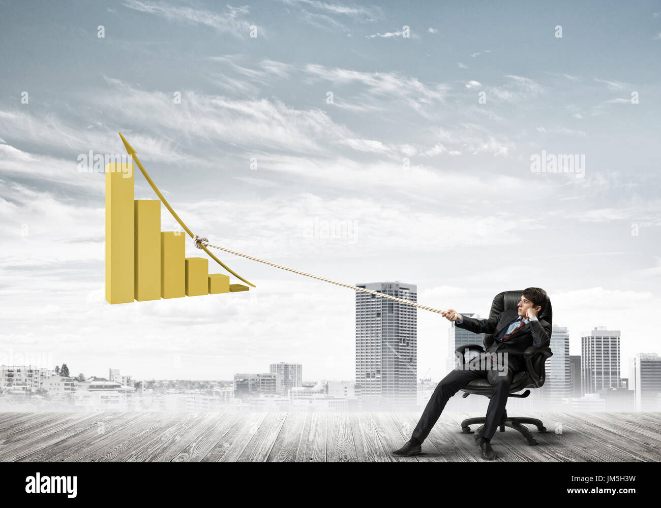 Man pulling with effort big pulling rope graph, as a symbol of ...